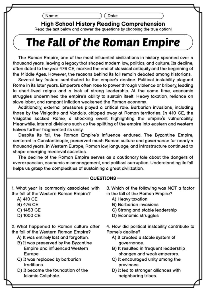 Free History Reading Comprehension Worksheets - Reading Comprehension ...