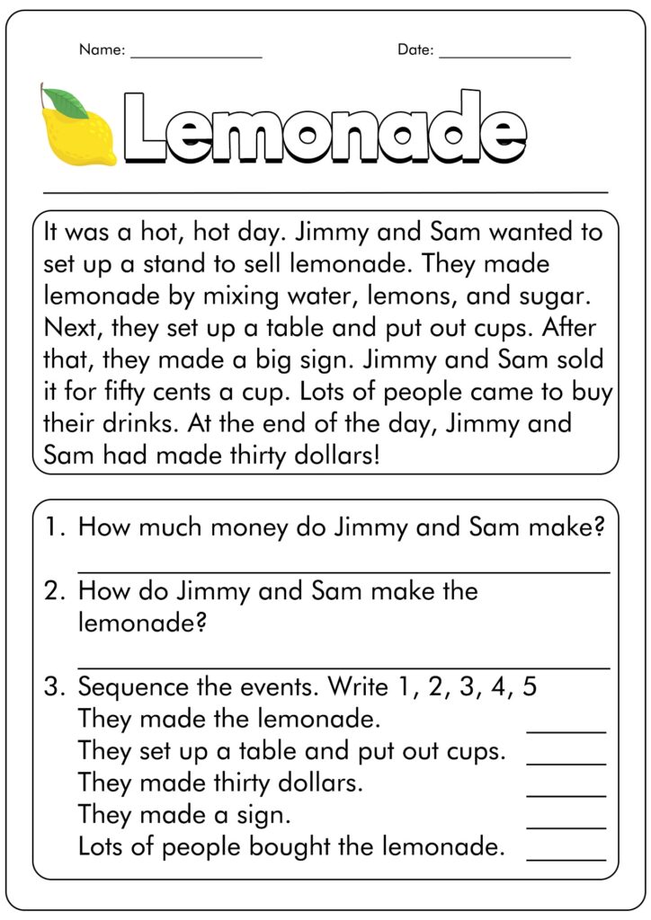 Reading Comprehension For 1st Grade Worksheets - Reading Comprehension ...