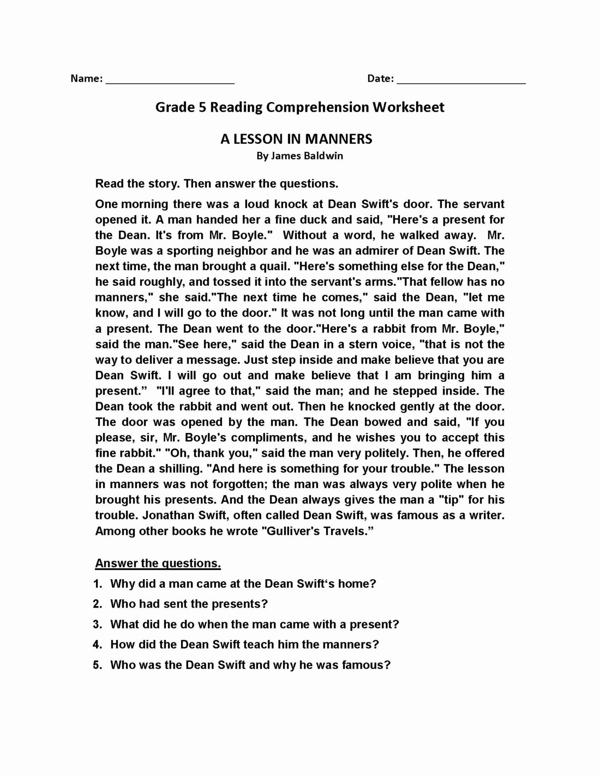 Reading Comprehension Worksheets Grades 6-8 - Reading Comprehension ...