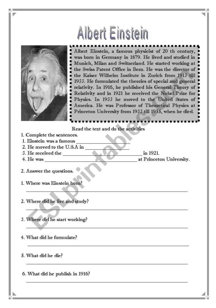 Albert Einstein Reading Comprehension Worksheet - Reading Comprehension ...
