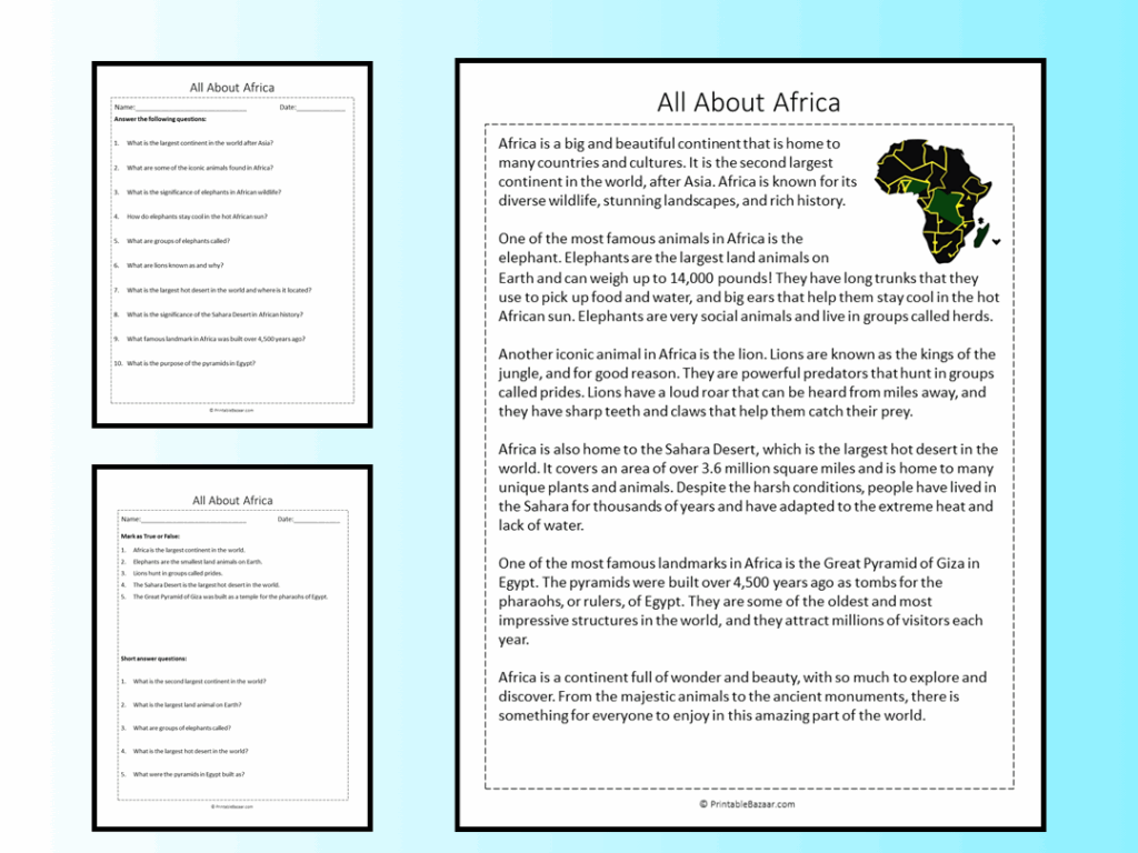 Africa Reading Comprehension Worksheets - Reading Comprehension Worksheets