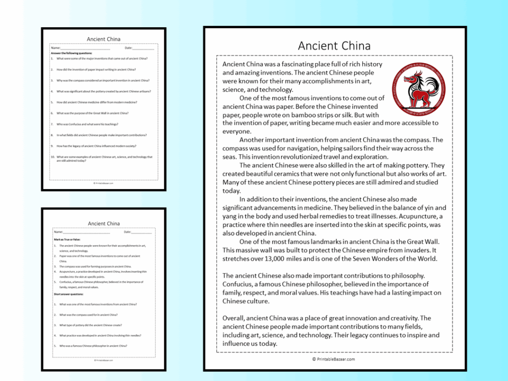 Ancient China Reading Comprehension Worksheet - Reading Comprehension ...
