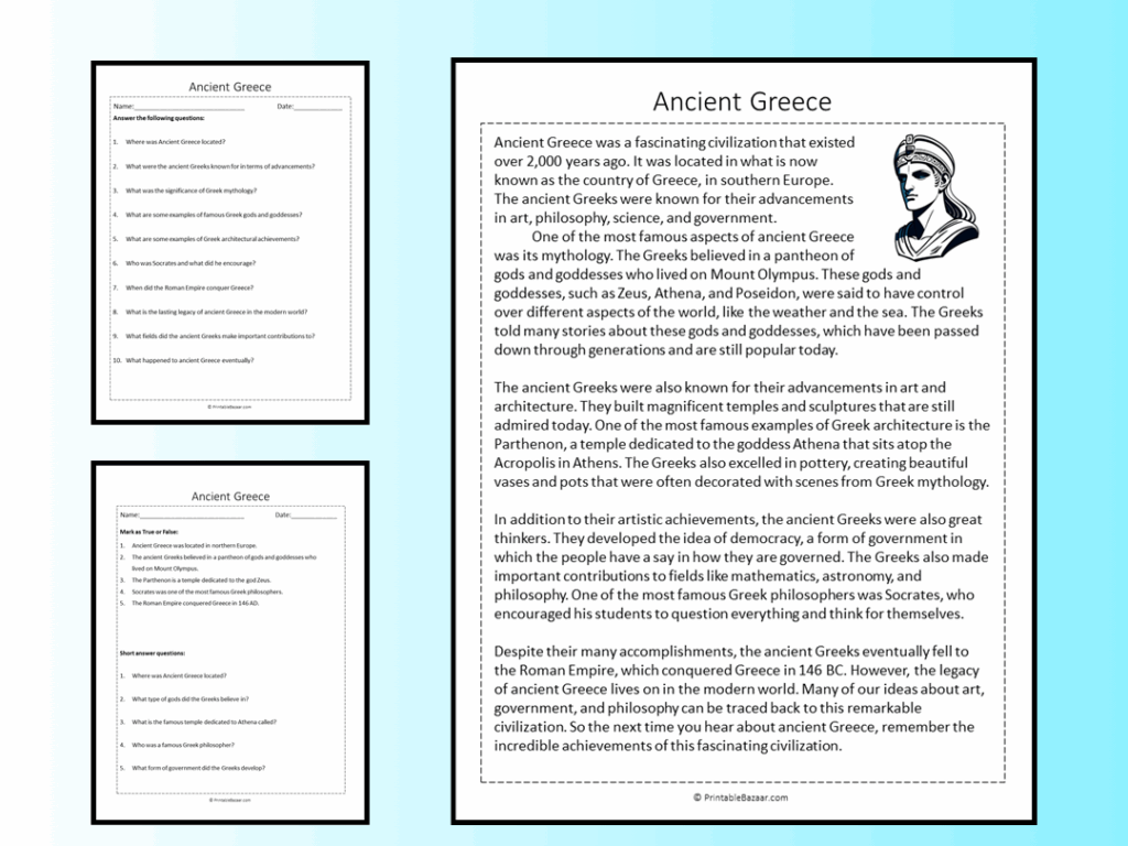 Ancient Greece Reading Comprehension Worksheets - Reading Comprehension ...