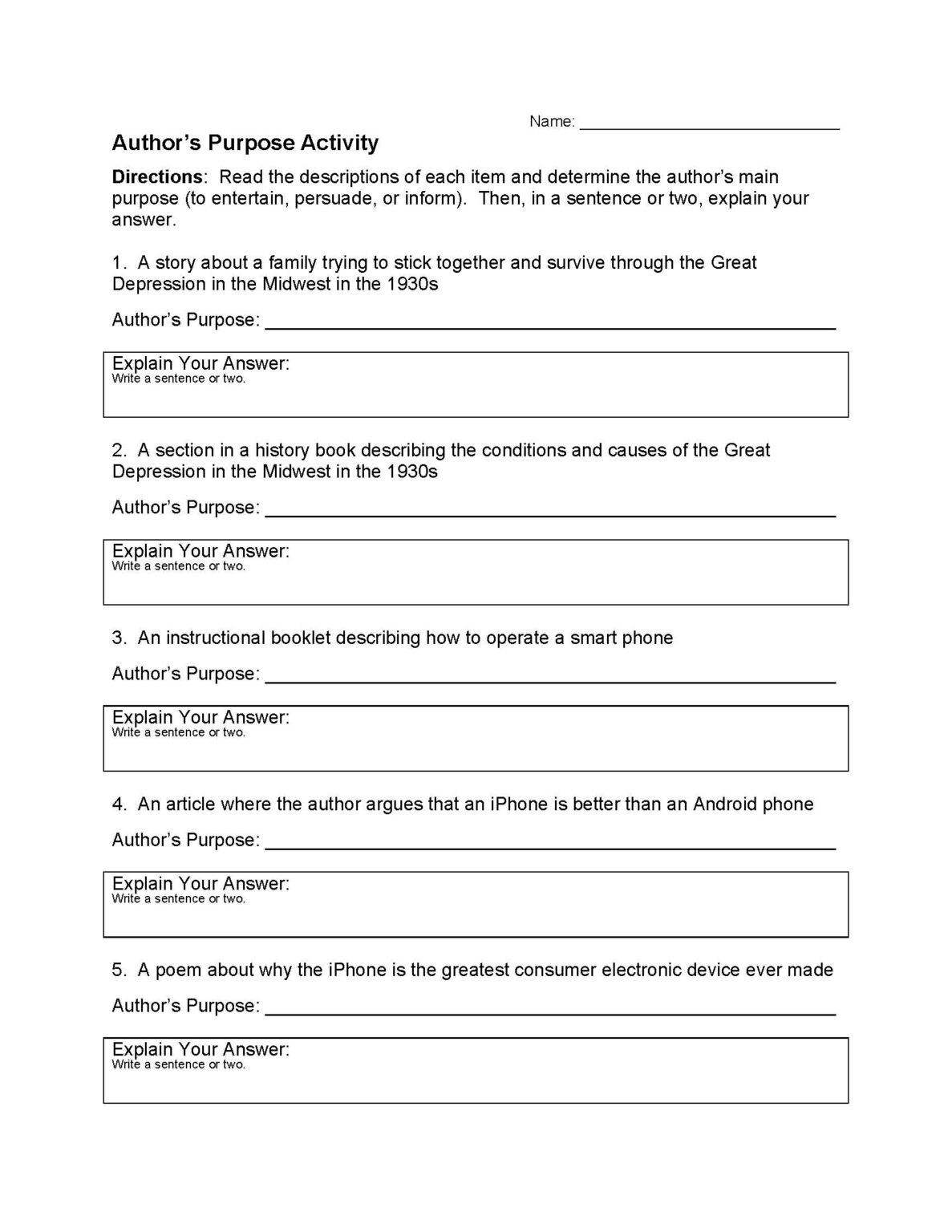 Author’s Purpose Reading Comprehension Worksheet - Reading Comprehension Worksheets