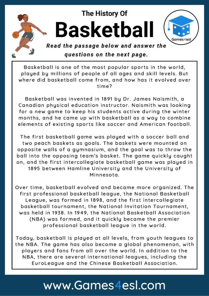 Reading Comprehension Worksheet Basketball - Reading Comprehension ...