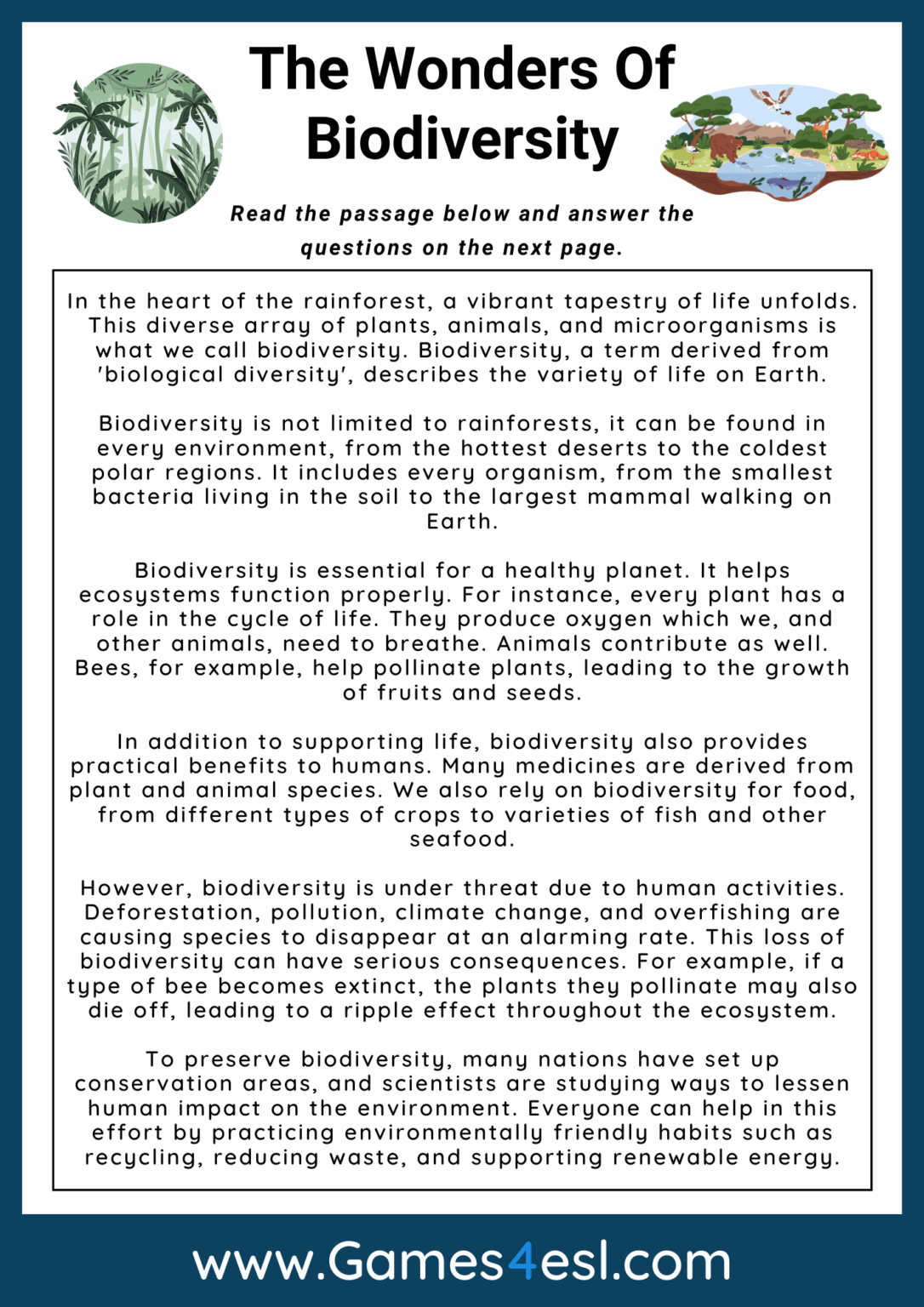 Biodiversity Reading Comprehension Worksheet Pdf - Reading ...