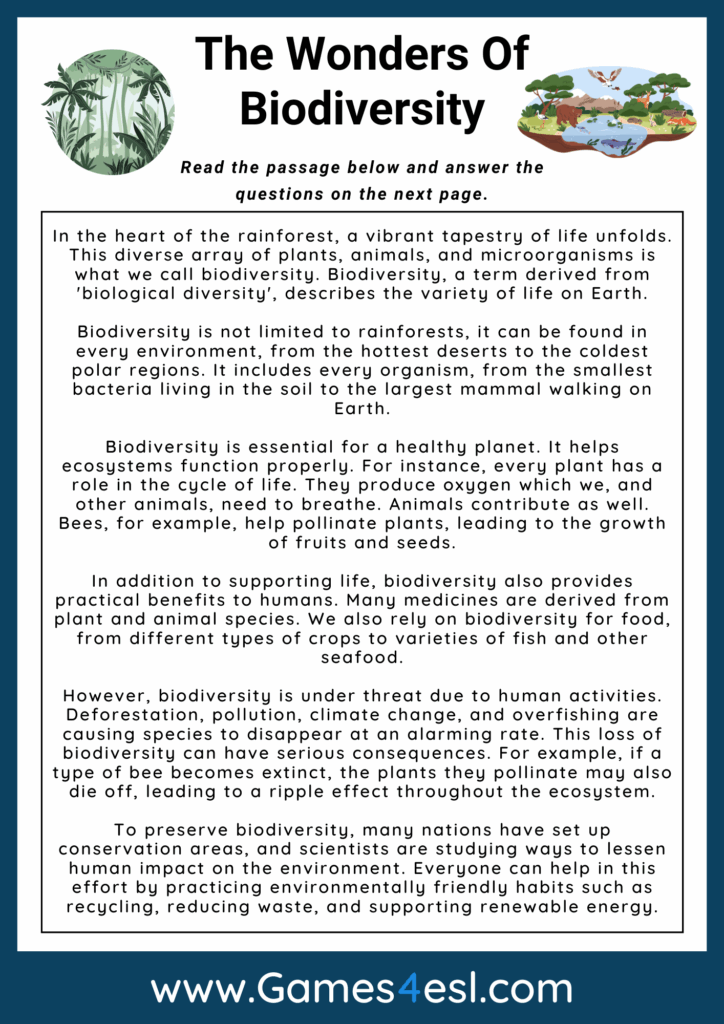 Biodiversity Reading Comprehension Worksheet Pdf - Reading ...