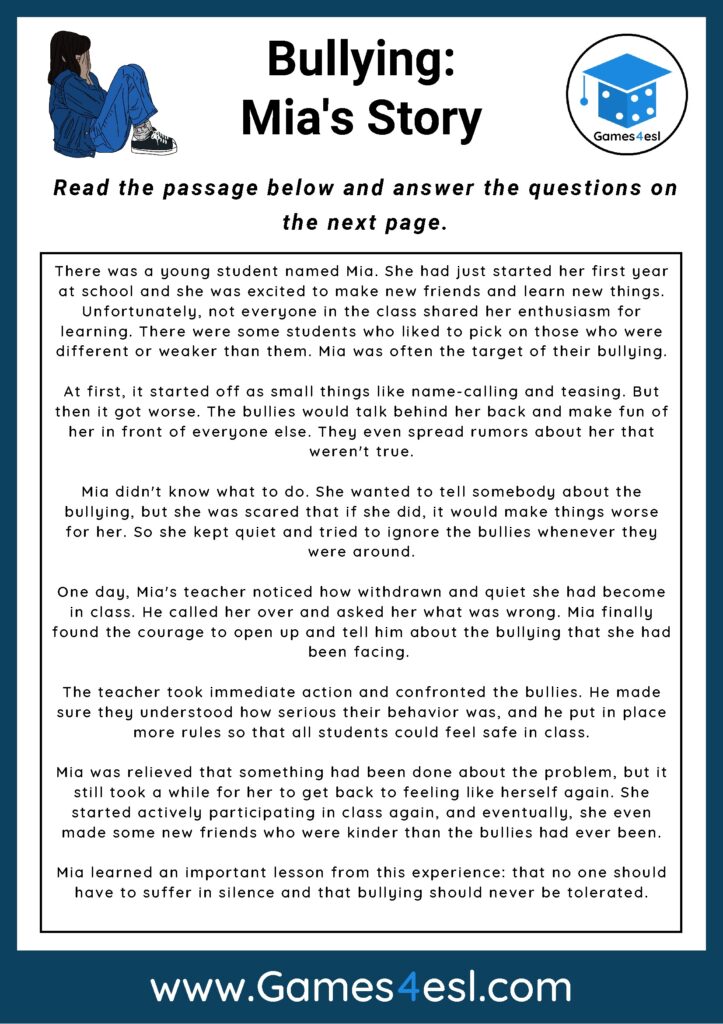 Bullying Reading Comprehension Worksheets Pdf - Reading Comprehension ...