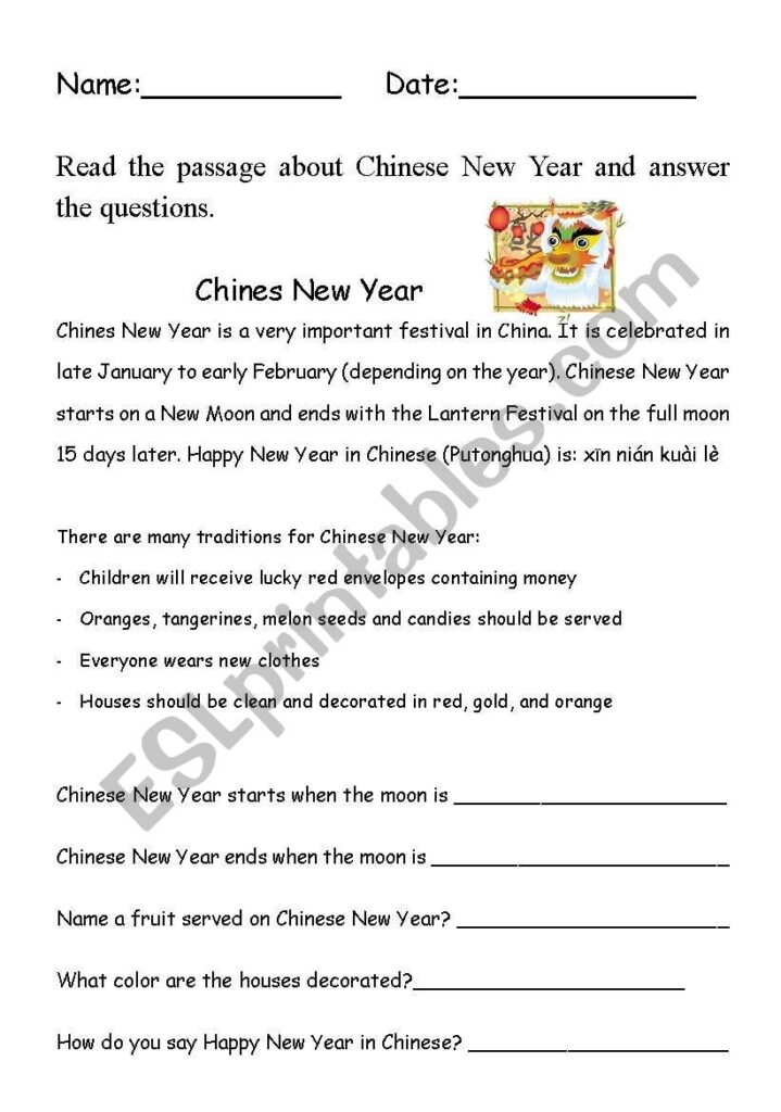 Chinese New Year Reading Comprehension Worksheet - Reading ...