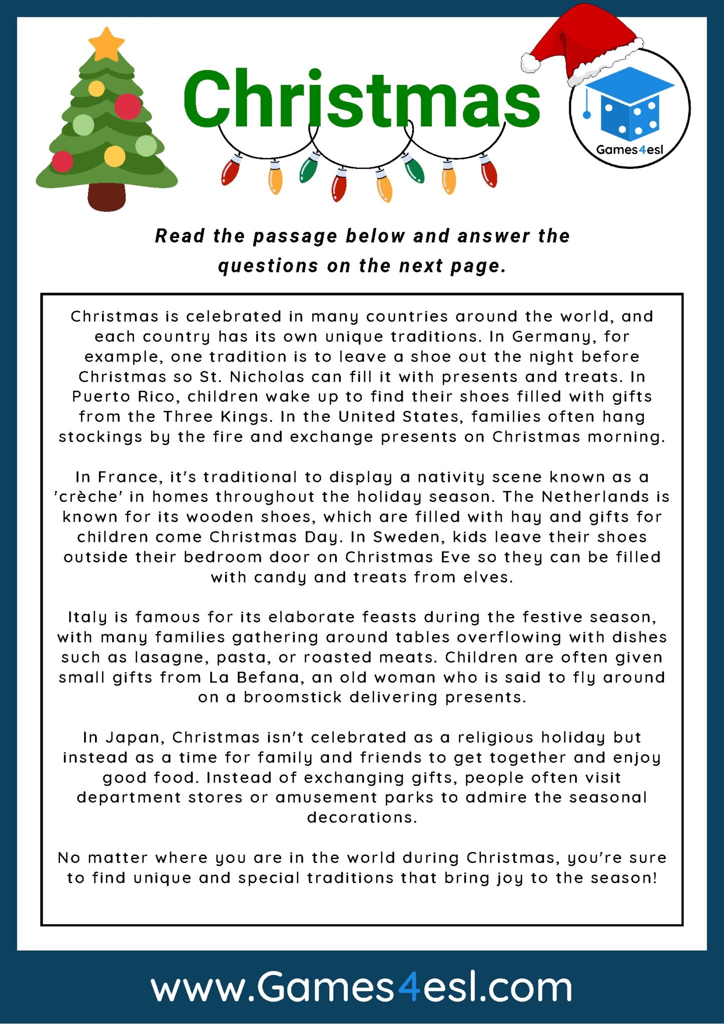 Christmas Traditions Reading Comprehension Worksheets - Reading ...