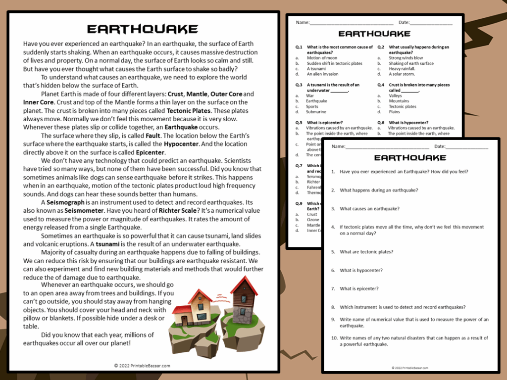 Earthquake Reading Comprehension Worksheets - Reading Comprehension ...