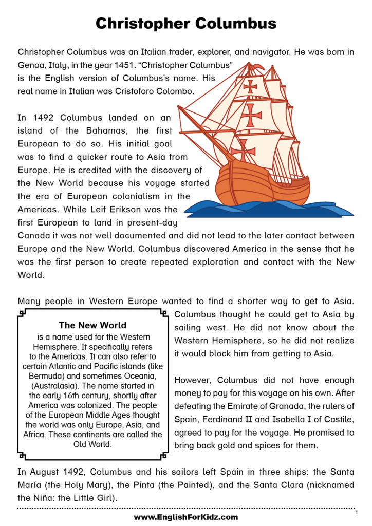 Christopher Columbus Reading Comprehension Worksheet Pdf - Reading ...