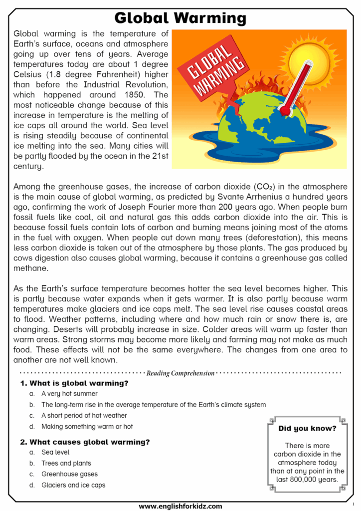 Global Warming Reading Comprehension Worksheet - Reading Comprehension ...