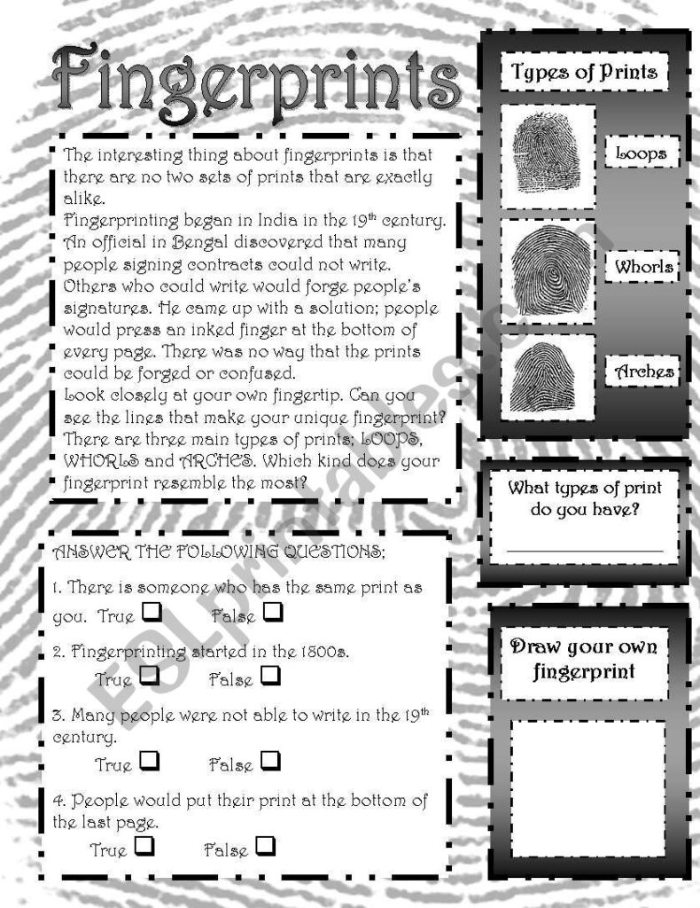 All About Fingerprints Reading Comprehension Worksheet - Reading ...