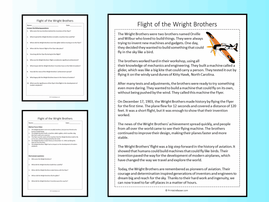 The Wright Brothers Reading Comprehension Worksheet - Reading ...