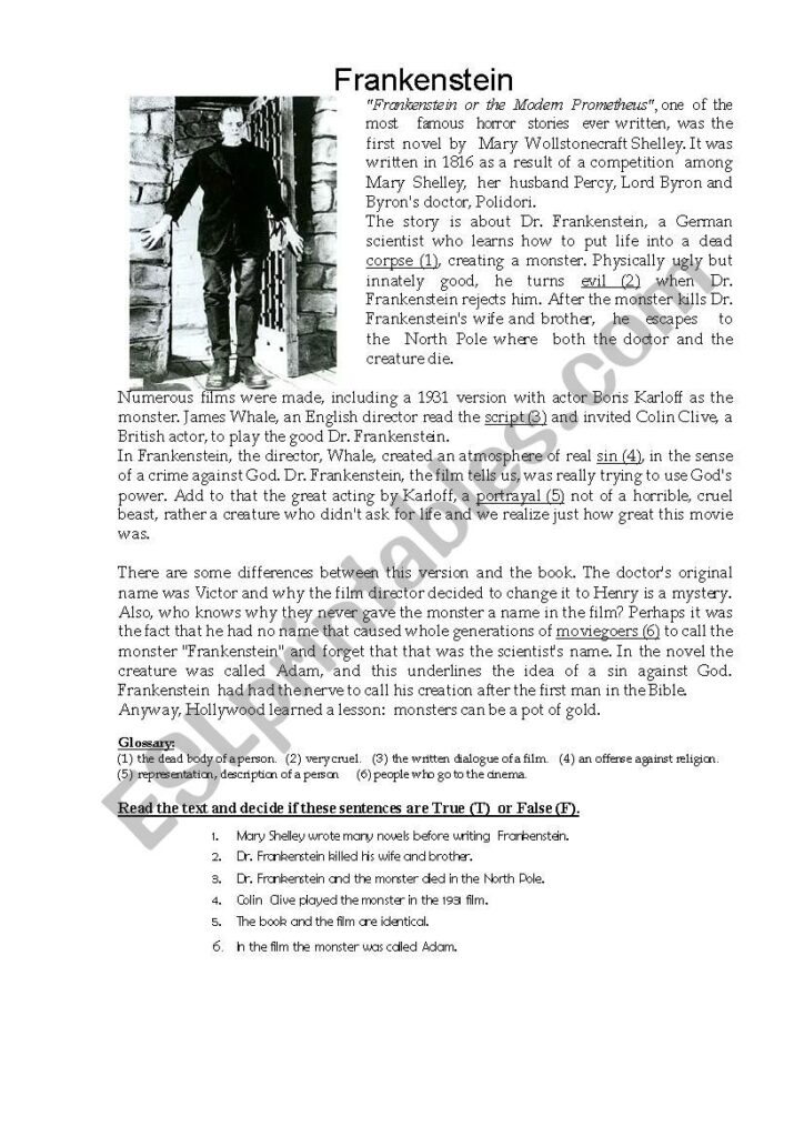 Frankenstein Reading Comprehension Worksheet - Reading Comprehension ...