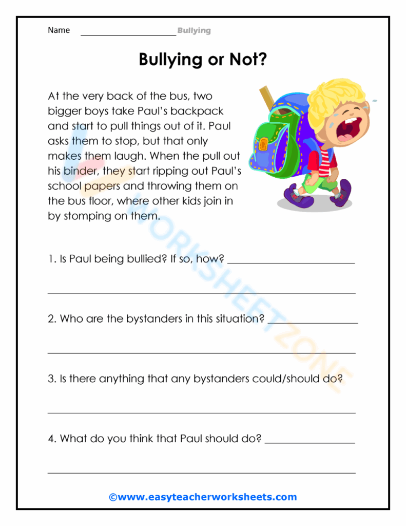 Free Bullying Reading Comprehension Worksheets - Reading Comprehension ...