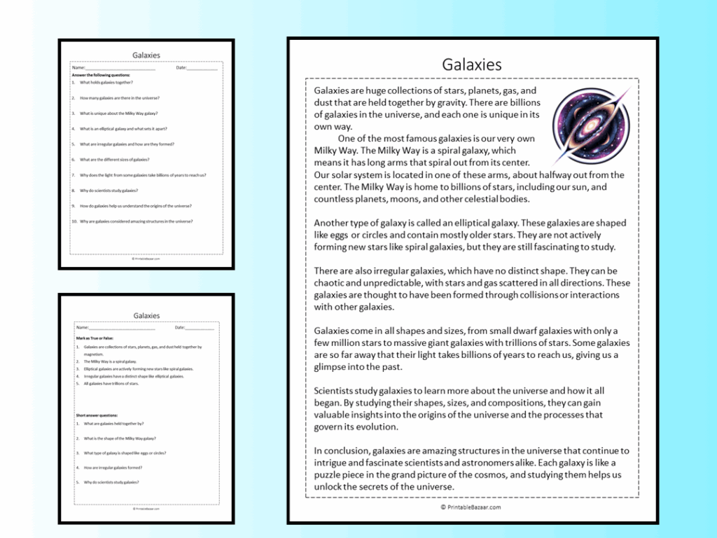 Galaxies Reading Comprehension Worksheet - Reading Comprehension Worksheets