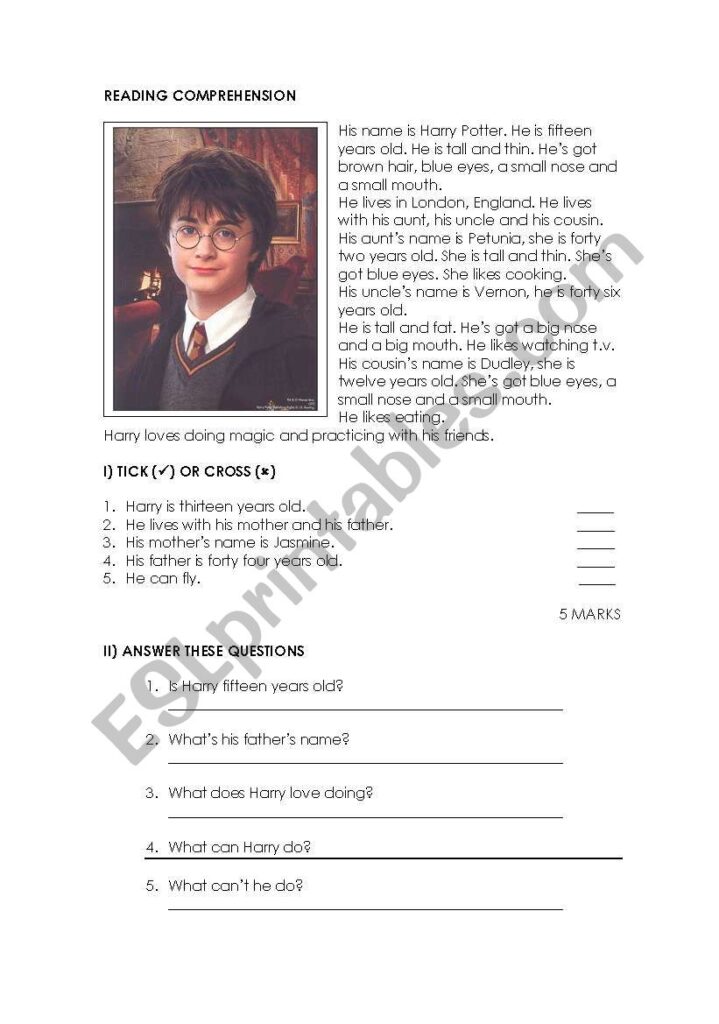 Harry Potter Reading Comprehension Worksheets - Reading Comprehension ...