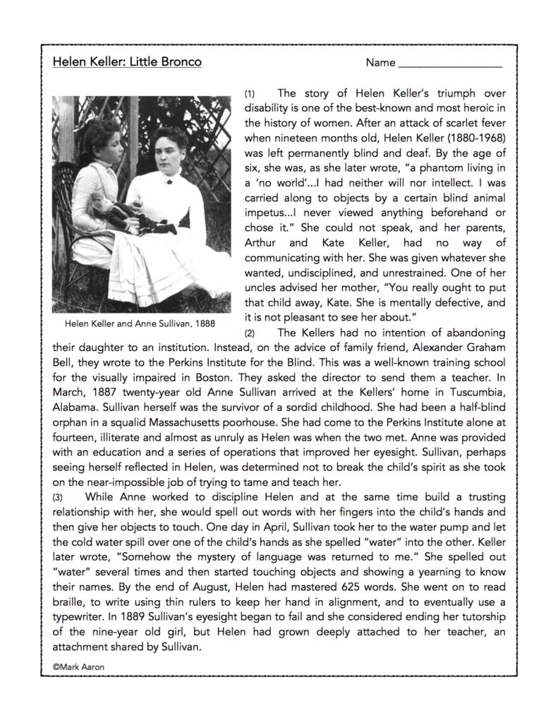 Free Helen Keller Reading Comprehension Worksheets Reading