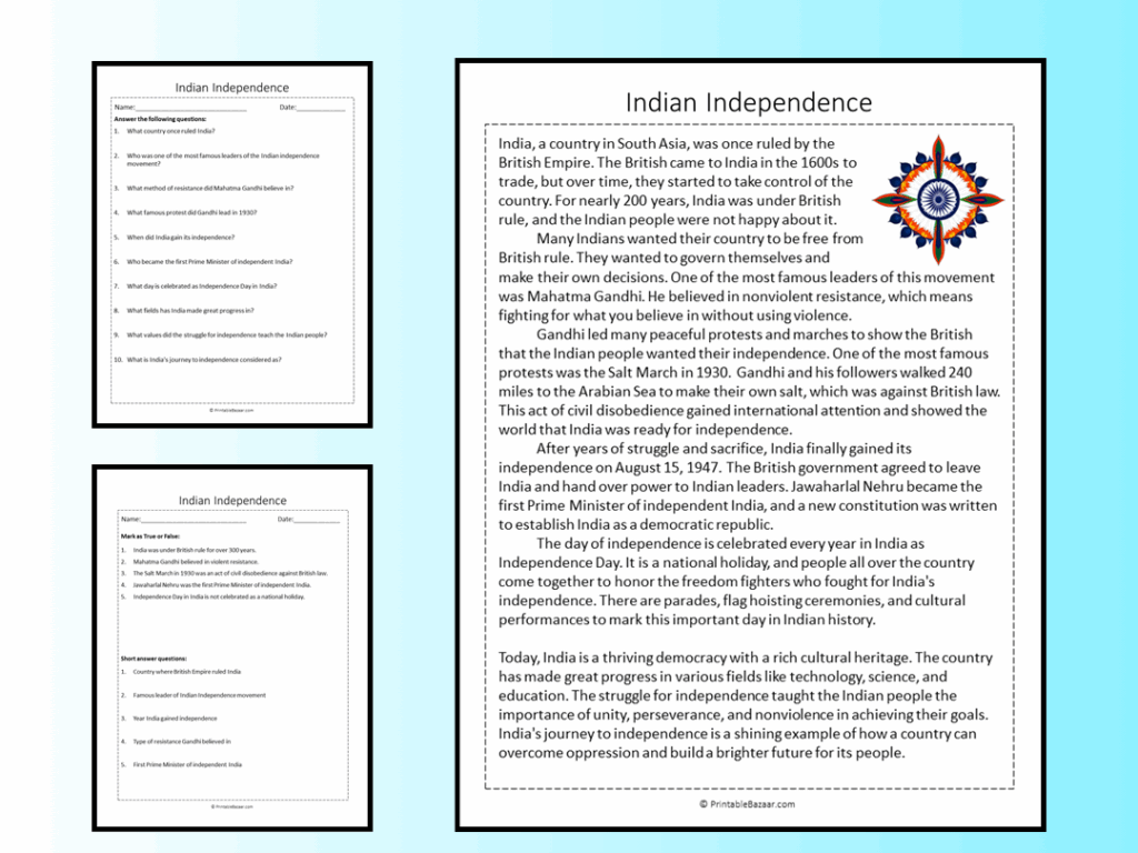 Indian Independence Day Reading Comprehension Worksheet - Reading ...
