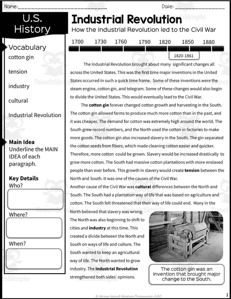 Industrial Revolution Reading Comprehension Worksheet - Reading ...