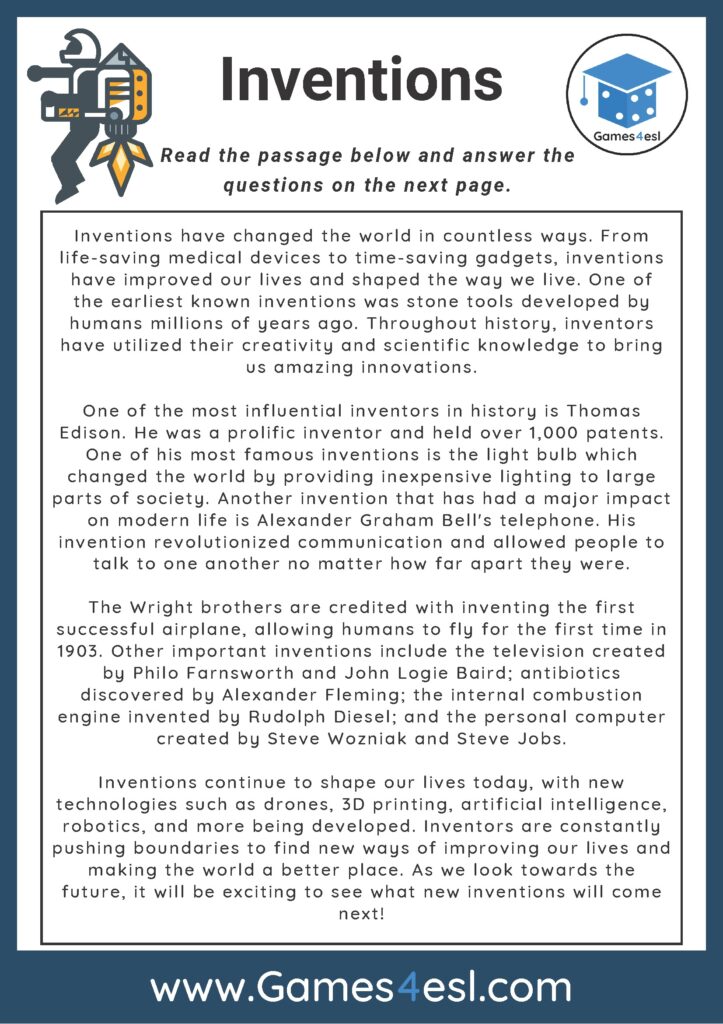 Inventions Reading Comprehension Worksheet - Reading Comprehension ...