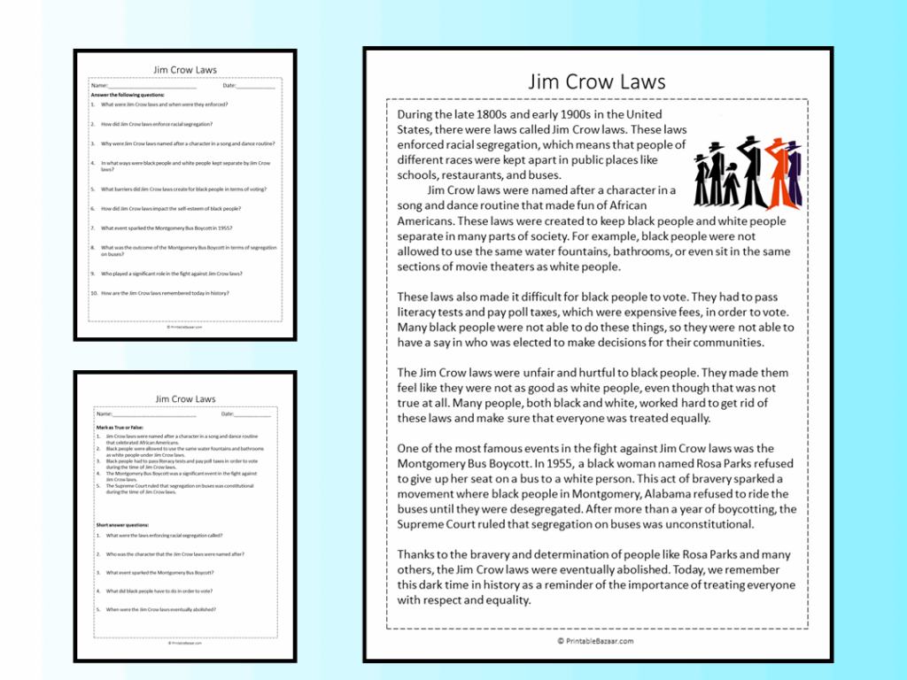 Jim Crow Laws Reading Comprehension Worksheet - Reading Comprehension ...