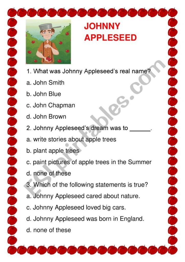 Johnny Appleseed Reading Comprehension Worksheets - Reading ...
