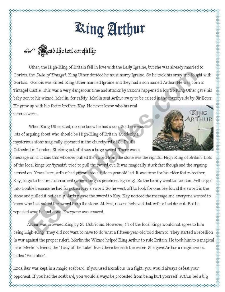 King Arthur Reading Comprehension Worksheets - Reading Comprehension ...