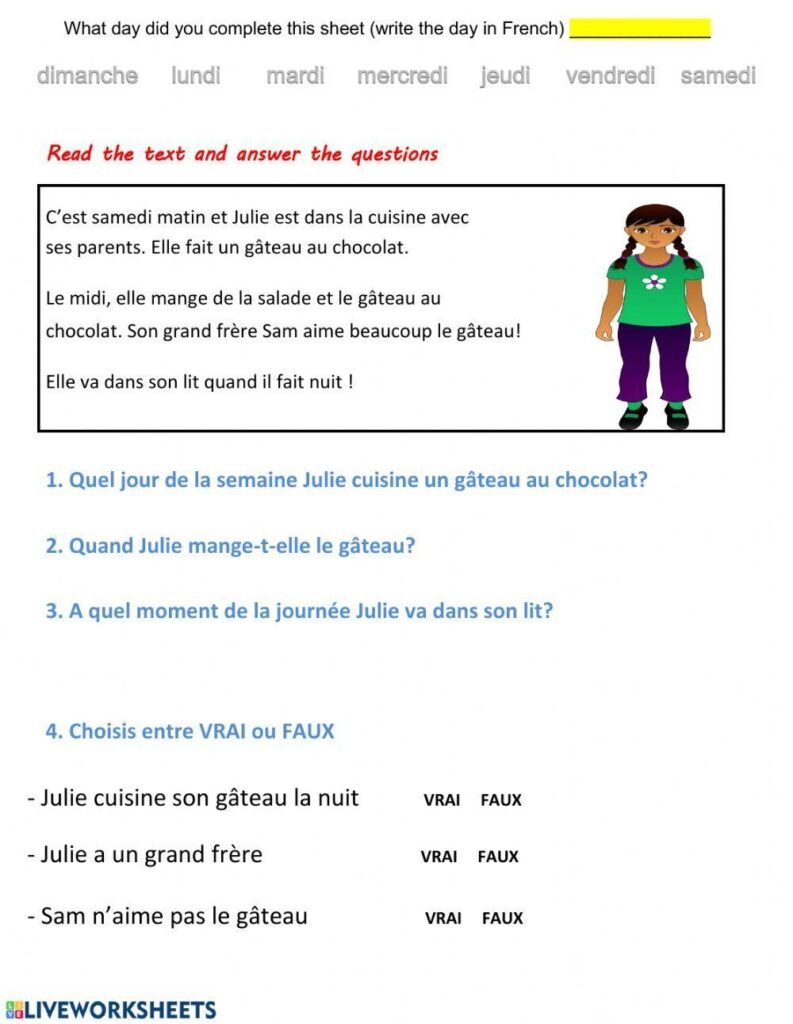 French Reading Comprehension Worksheets Grade 7 - Reading Comprehension ...