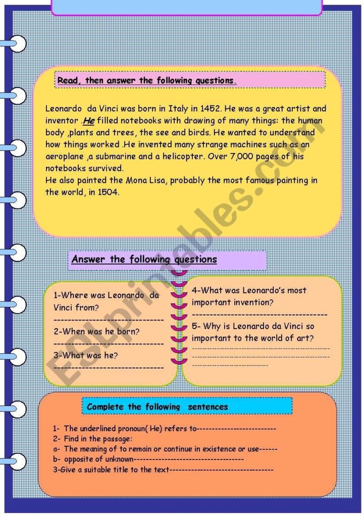 Leonardo Da Vinci Reading Comprehension Worksheet - Reading ...