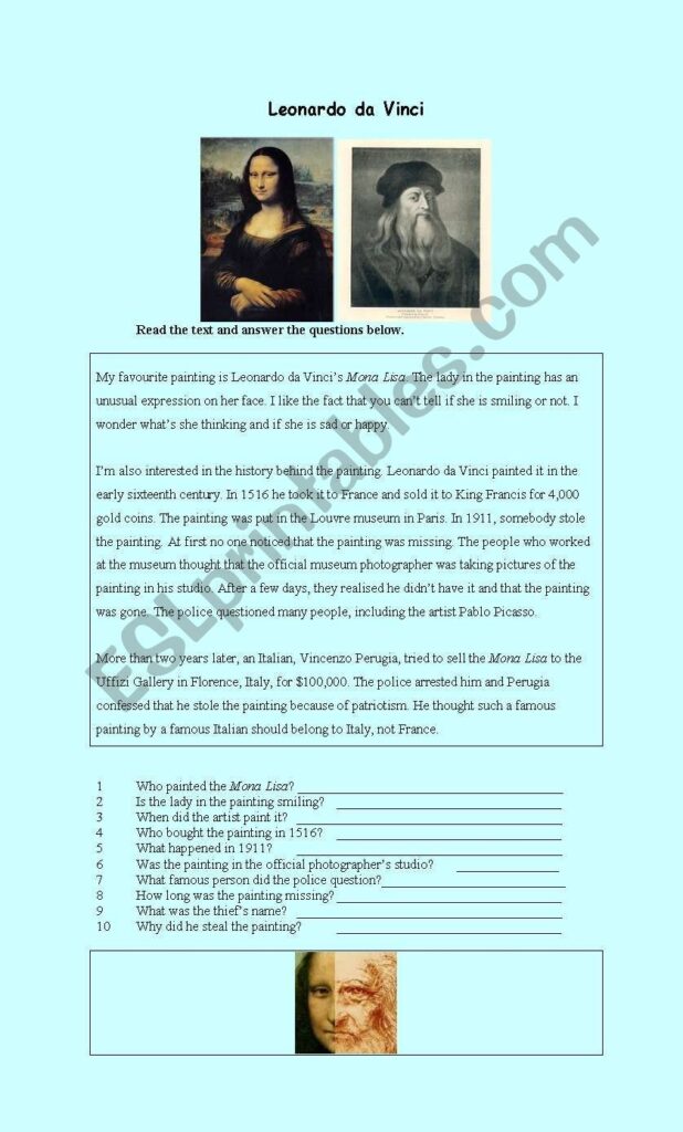 Mona Lisa Reading Comprehension Worksheets - Reading Comprehension ...