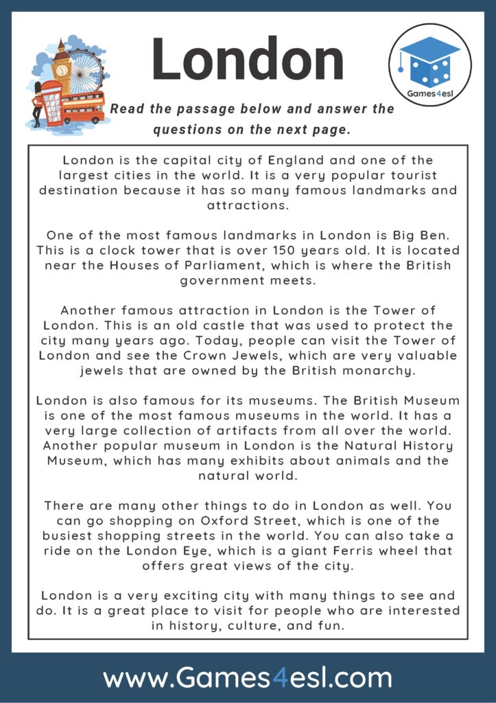 London Reading Comprehension Worksheet - Reading Comprehension Worksheets