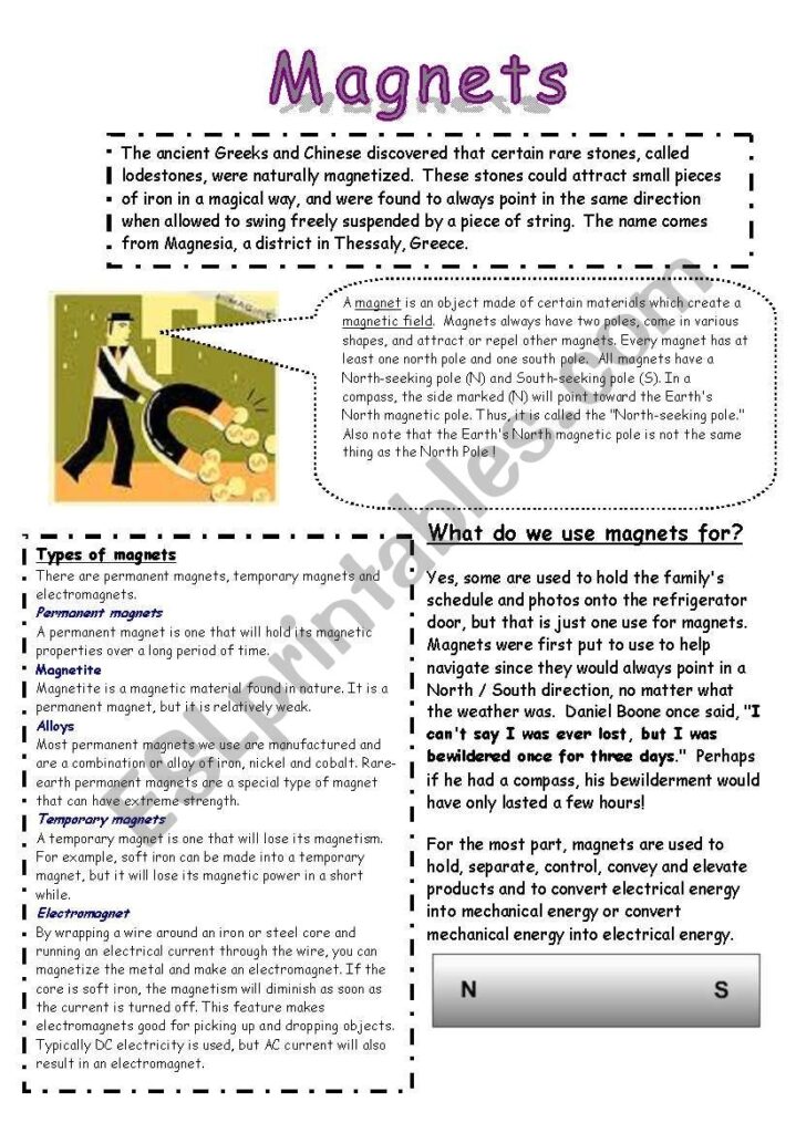 Reading Comprehension Worksheet On Magnets - Reading Comprehension ...