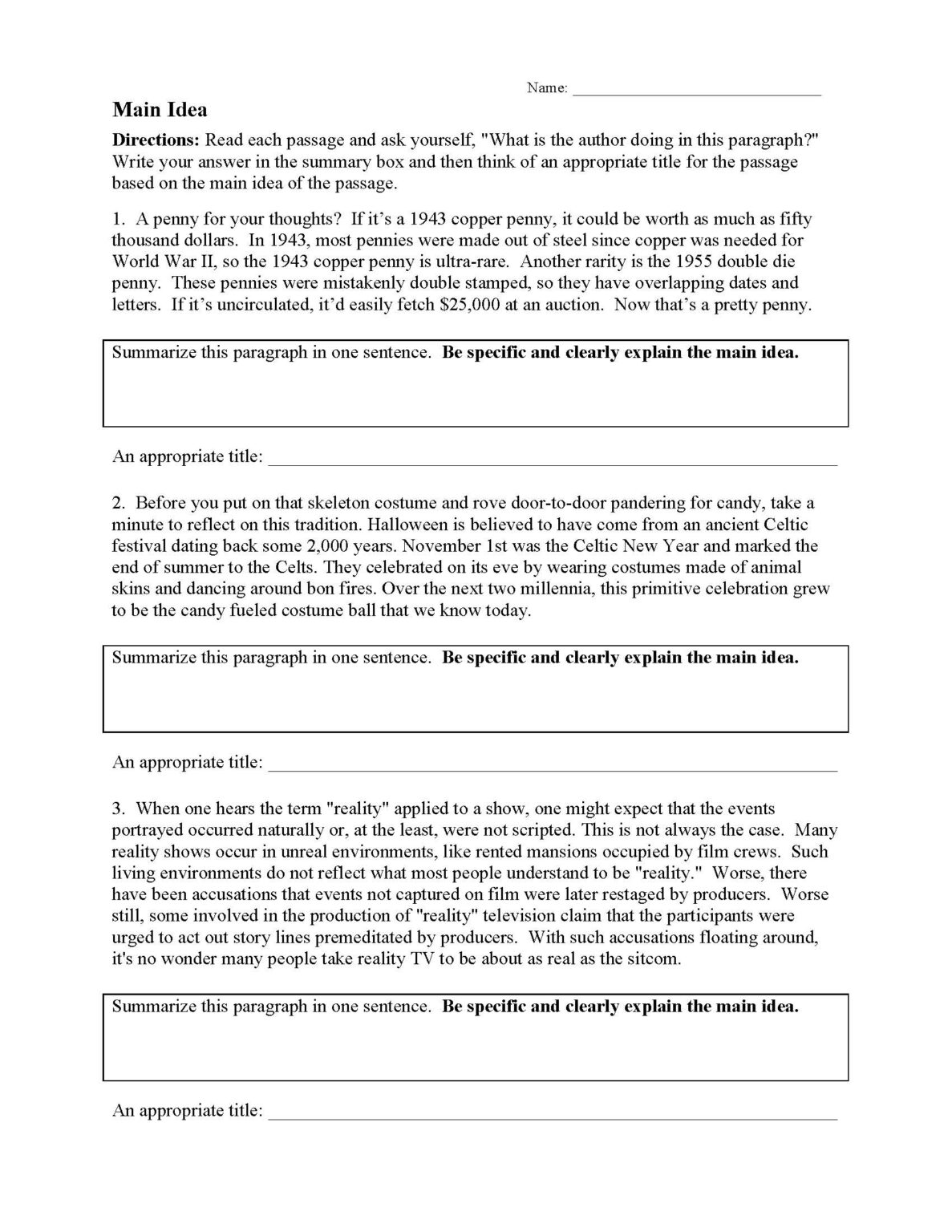 Main Idea Reading Comprehension Worksheets Pdf - Reading Comprehension ...
