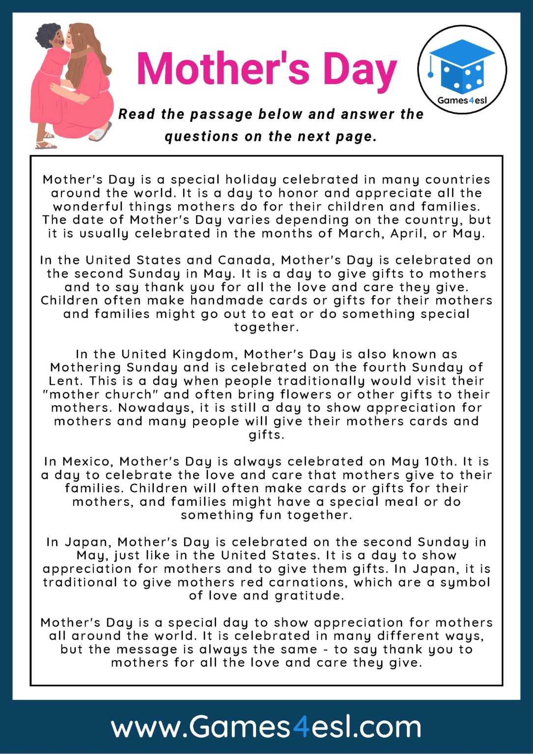 Mother’s Day Reading Comprehension Worksheet - Reading Comprehension ...