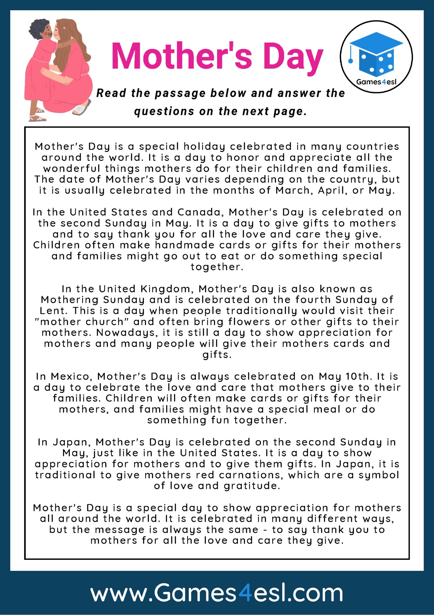 Mother’s Day Reading Comprehension Worksheet - Reading Comprehension ...