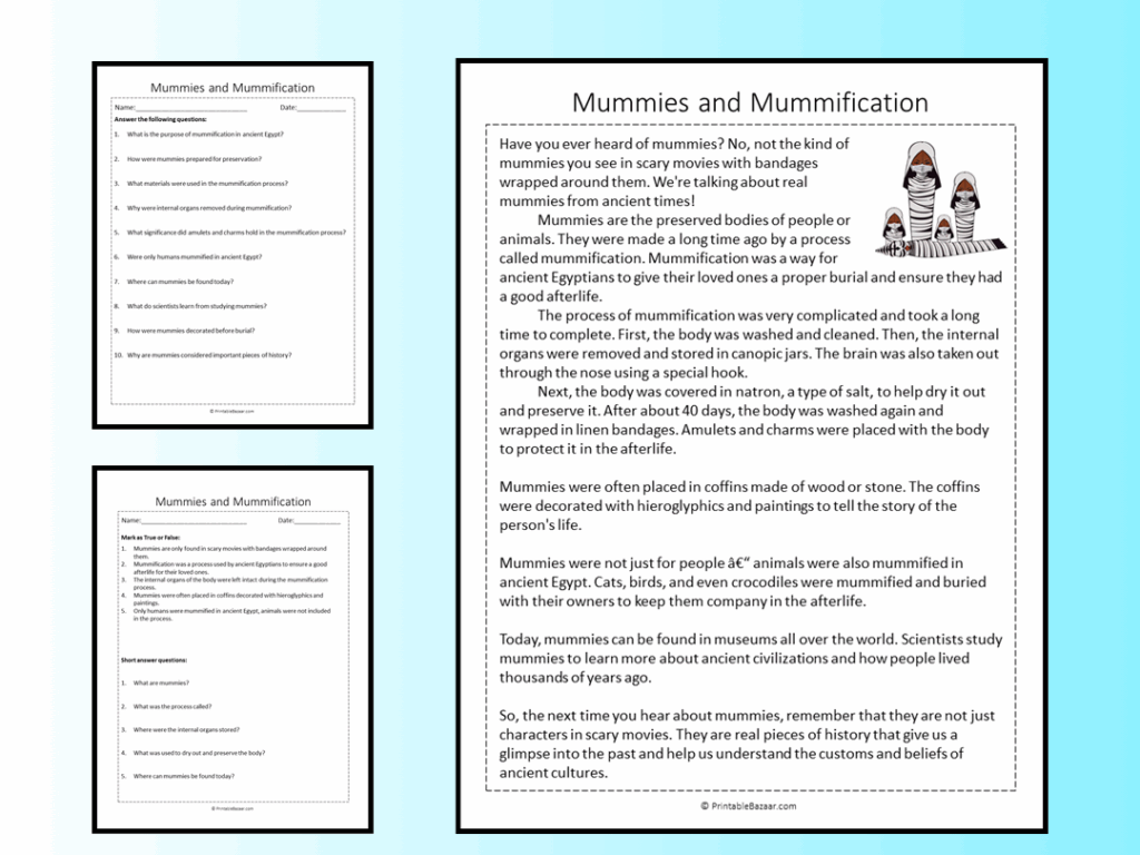 Mummification Reading Comprehension Worksheet - Reading Comprehension ...