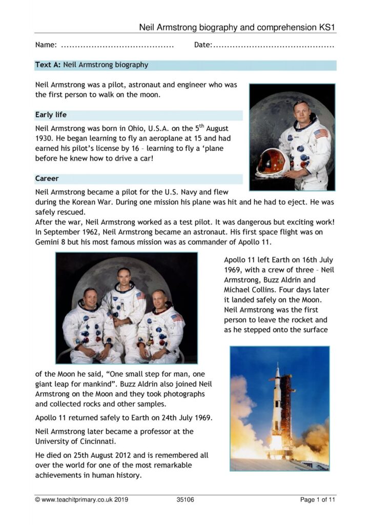 Neil Armstrong Reading Comprehension Worksheet - Reading Comprehension ...
