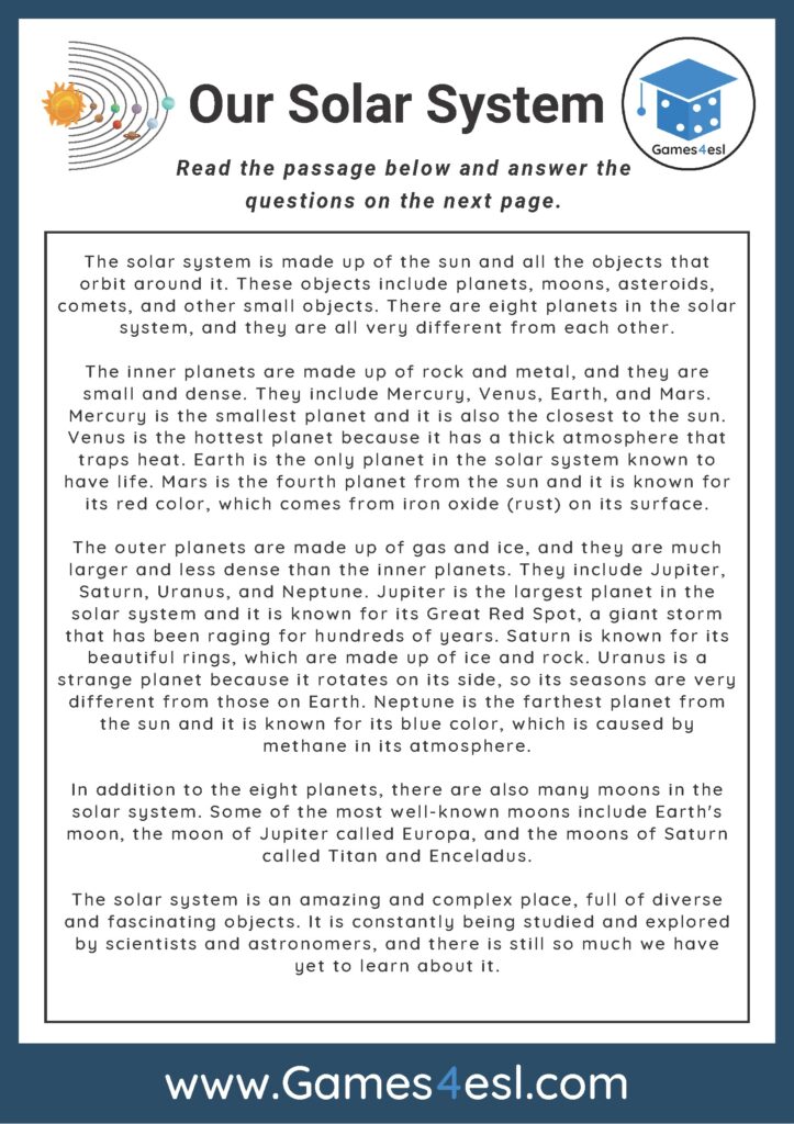 Solar System Reading Comprehension Worksheets - Reading Comprehension ...