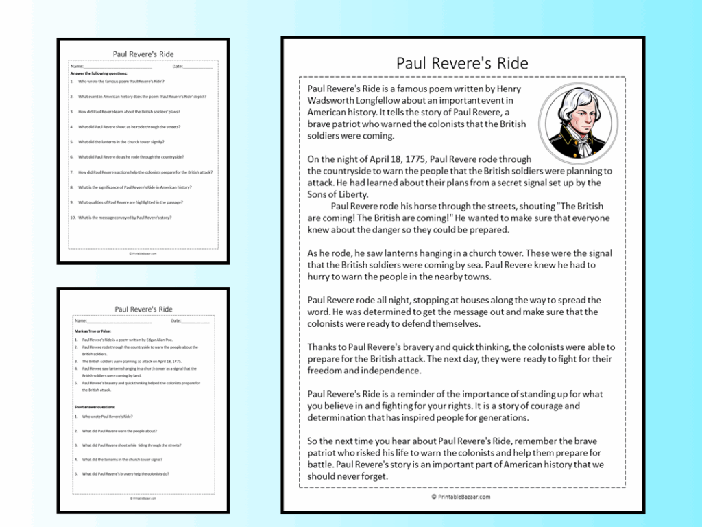 Paul Revere Reading Comprehension Worksheet - Reading Comprehension ...