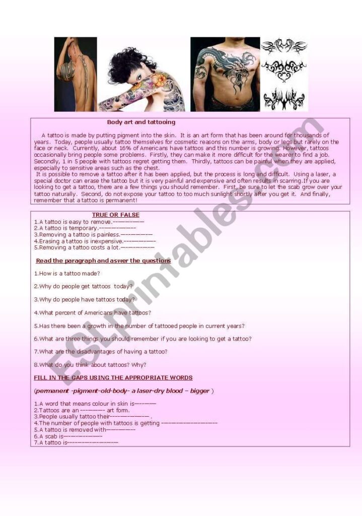 Tattoo Art Reading Comprehension Worksheets - Reading Comprehension ...