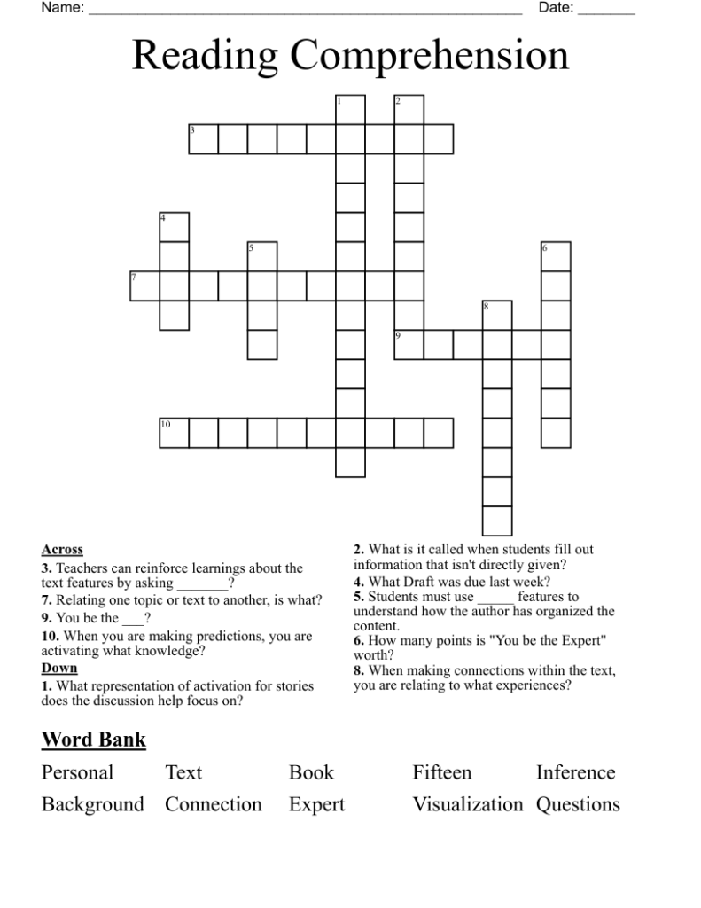 Reading Comprehension Crossword Worksheets - Reading Comprehension ...