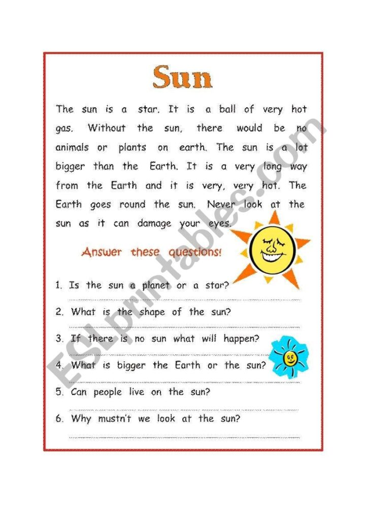 The Sun Reading Comprehension Worksheet - Reading Comprehension Worksheets
