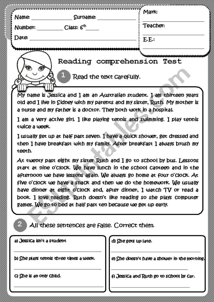 Reading Comprehension Test Worksheets - Reading Comprehension Worksheets