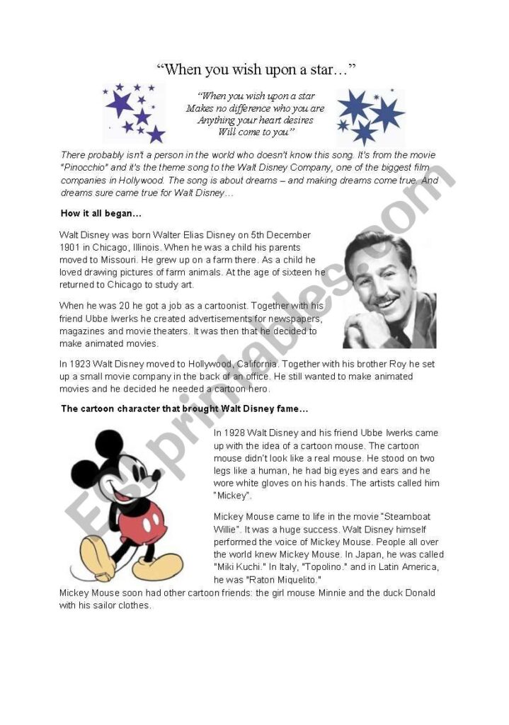 Walt Disney Reading Comprehension Worksheet - Reading Comprehension ...