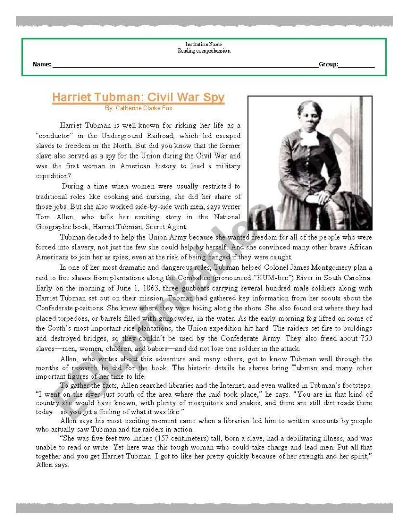 Harriet Tubman Reading Comprehension Worksheet - Reading Comprehension ...