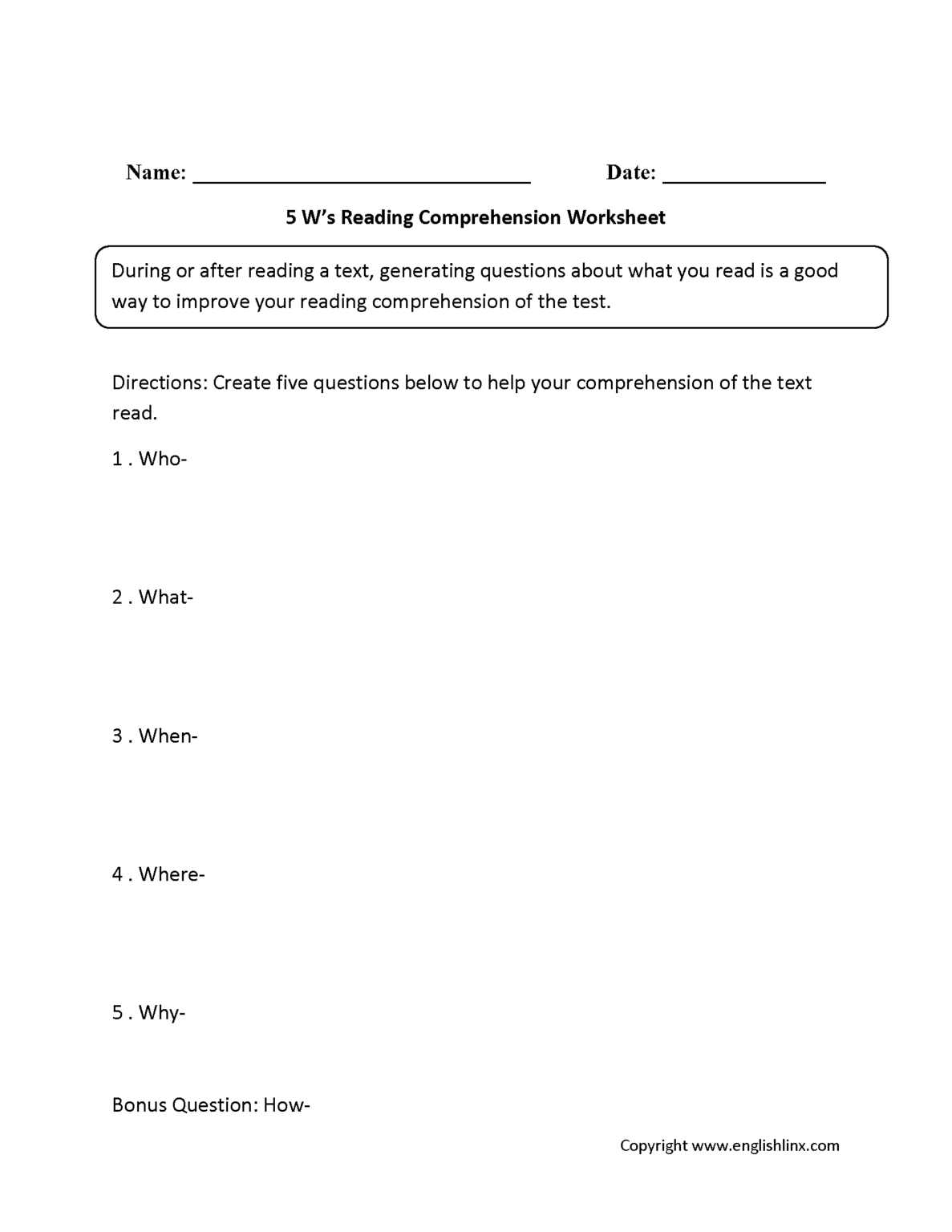 5 Ws Reading Comprehension Worksheet Free - Reading Comprehension ...