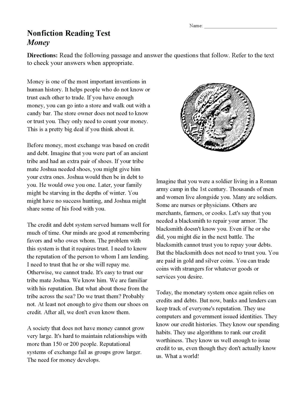 Large Print Reading Comprehension Worksheets - Reading Comprehension ...